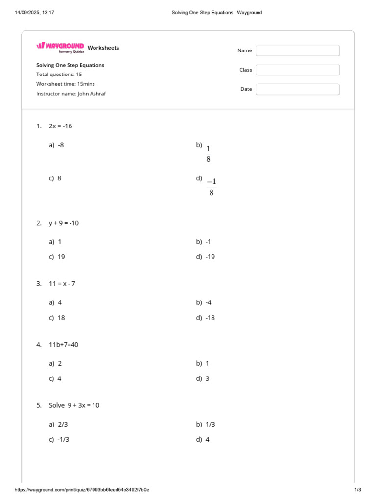 Solving One Step Equations | PDF | Equations | Chess