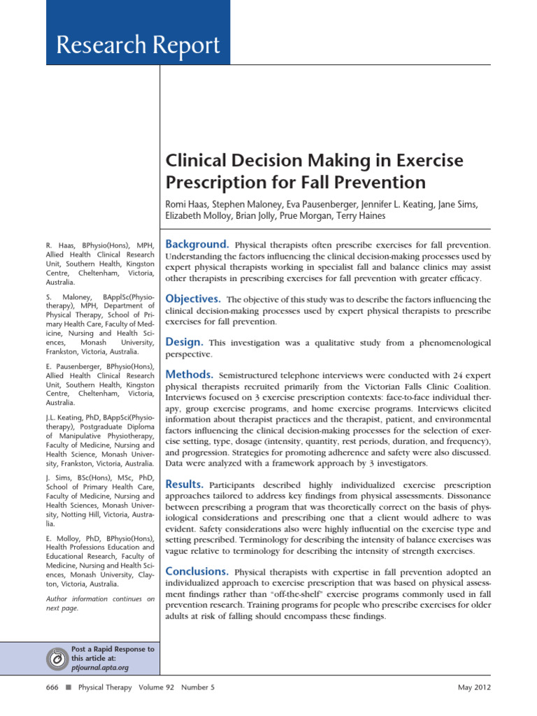 Clinical Decision Making in Fall Prevention | PDF | Physical Therapy ...