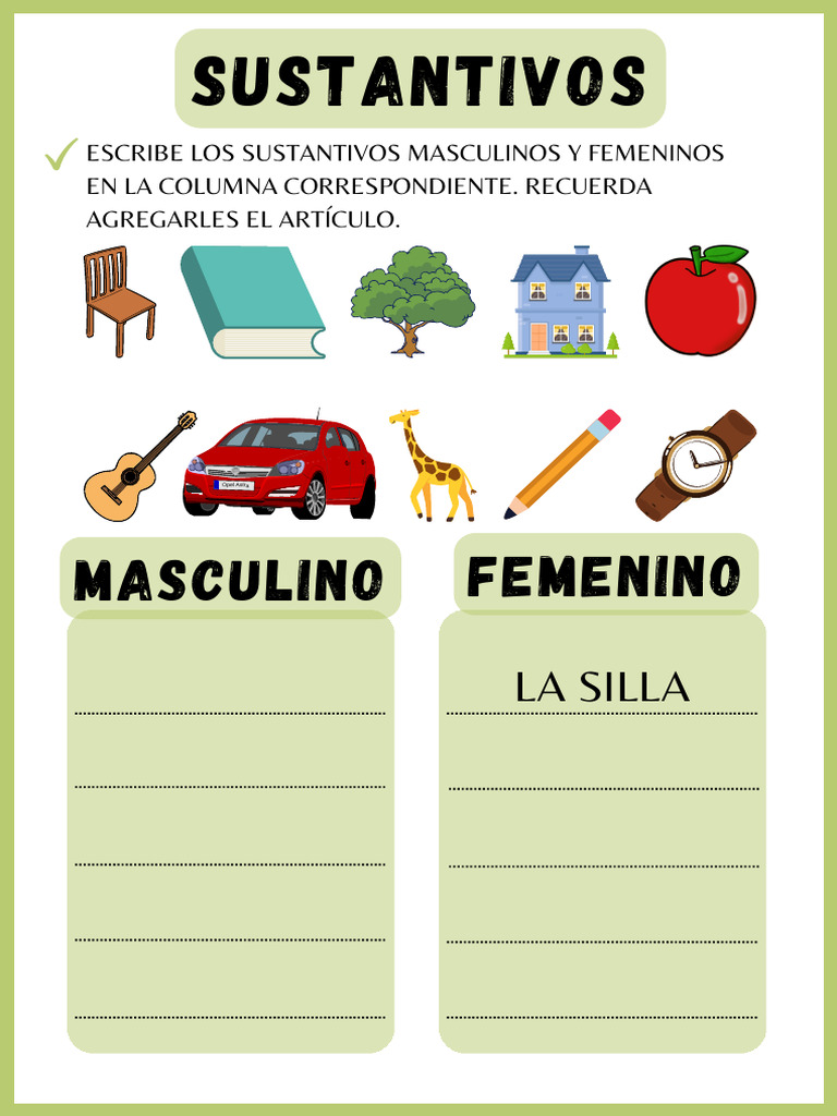 Sustantivos Femeninos y Masculinos Gramática Hoja de Trabajo | PDF