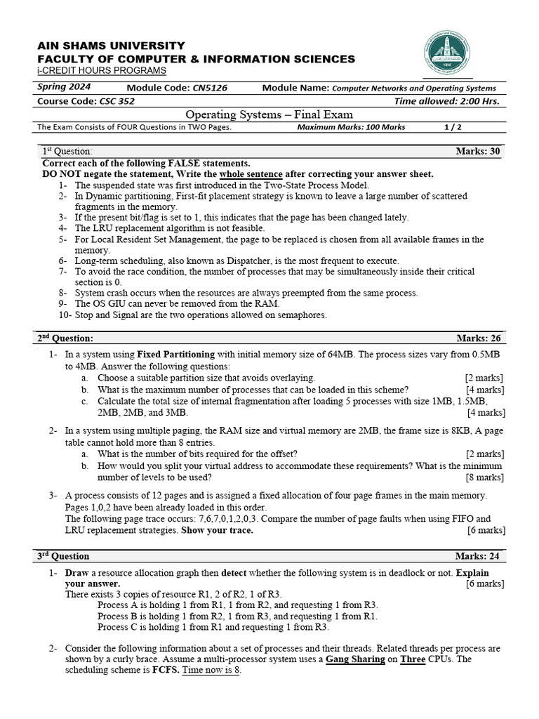 OS24 Final Exam | PDF | Operating System Technology | Computer Architecture