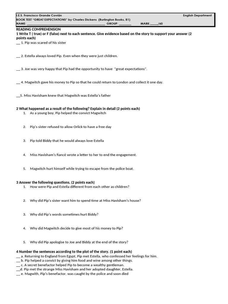 Great Expectations Book Test for Students | PDF | Great Expectations ...