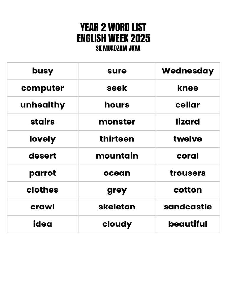 Year 2 Word List 2025 | PDF