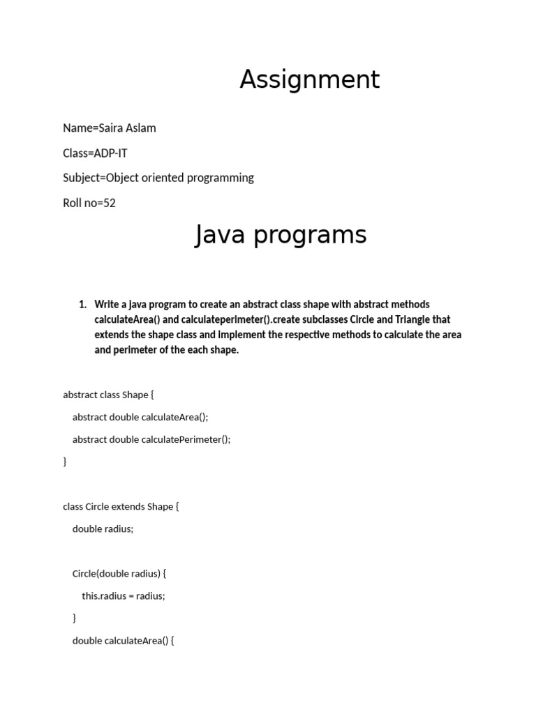 Assignment of Java Programs | PDF | Area | Method (Computer Programming)