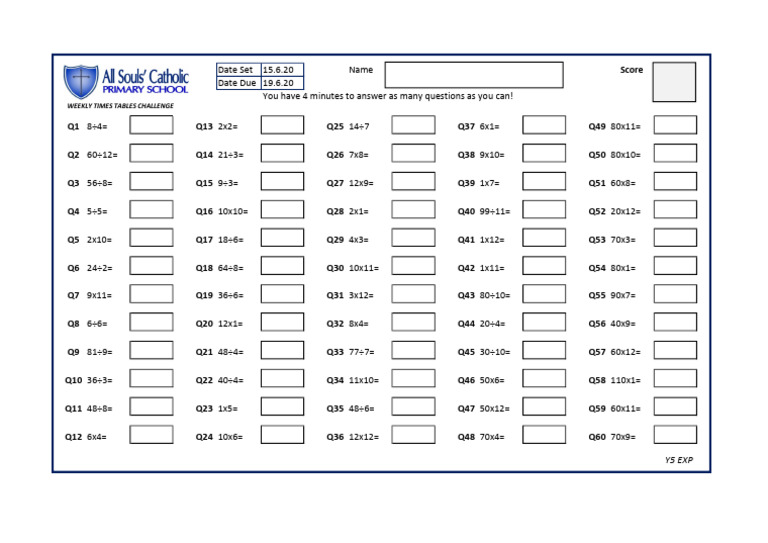 Maths Times Table Challenge-2 | PDF