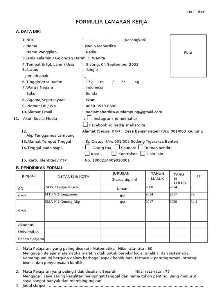 Form Lamaran Kerja (FLK) All Affco | PDF