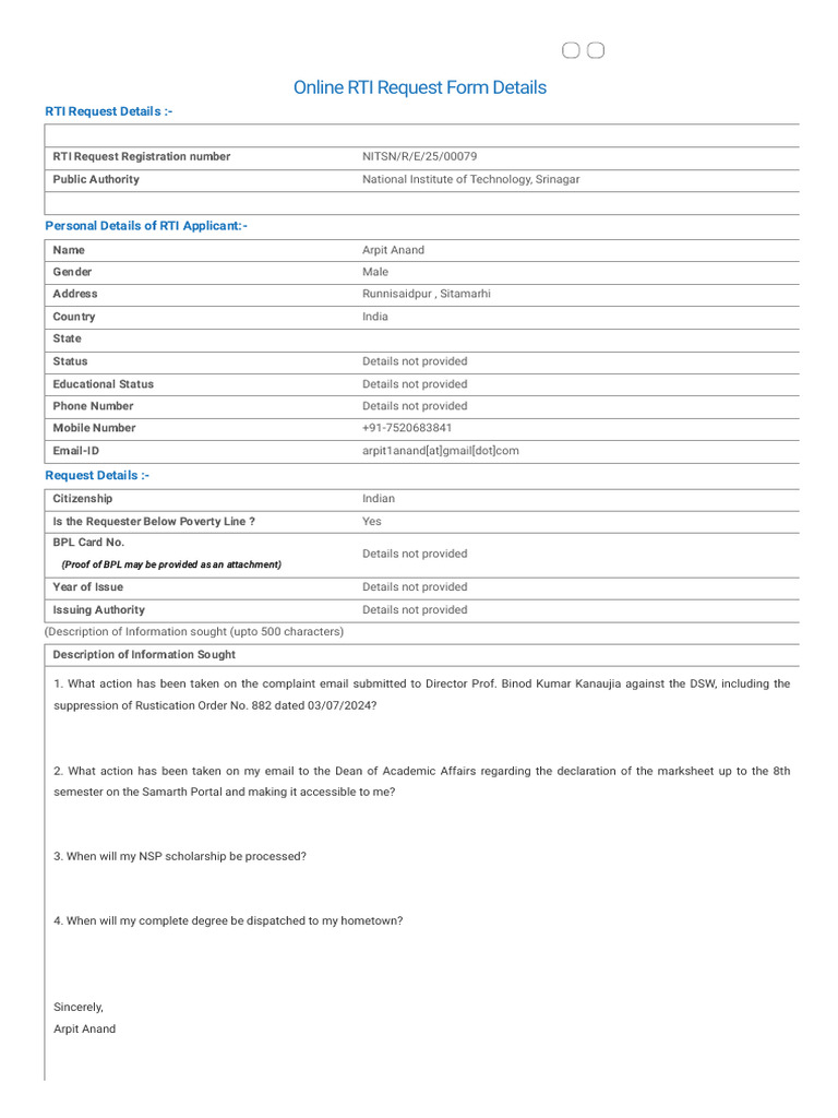 RTI Online - Request - Appeal Form Details | PDF