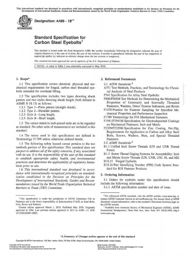 ASTM A489 - Carbon Steel Eyebolts | PDF