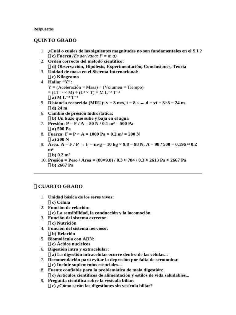 Preguntas y Respuestas de Ciencias para Quinto Grado | PDF | Digestión ...
