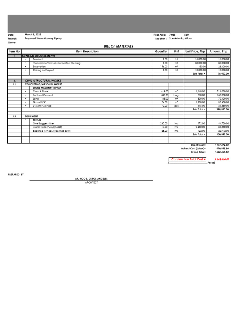 Sample Bom Format MST - Riprap | PDF | Building Materials | Building Engineering