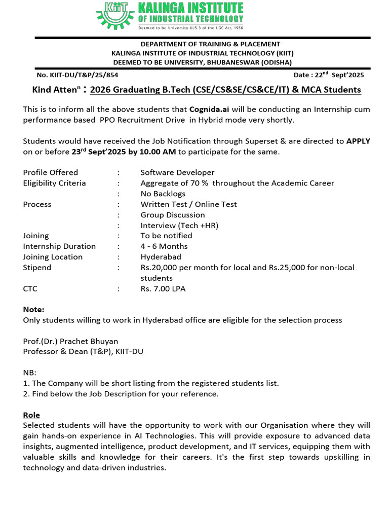 Registration For Cognida Ai Internship Cum PPO Recruitment Drive-2026 Graduating Batch | PDF
