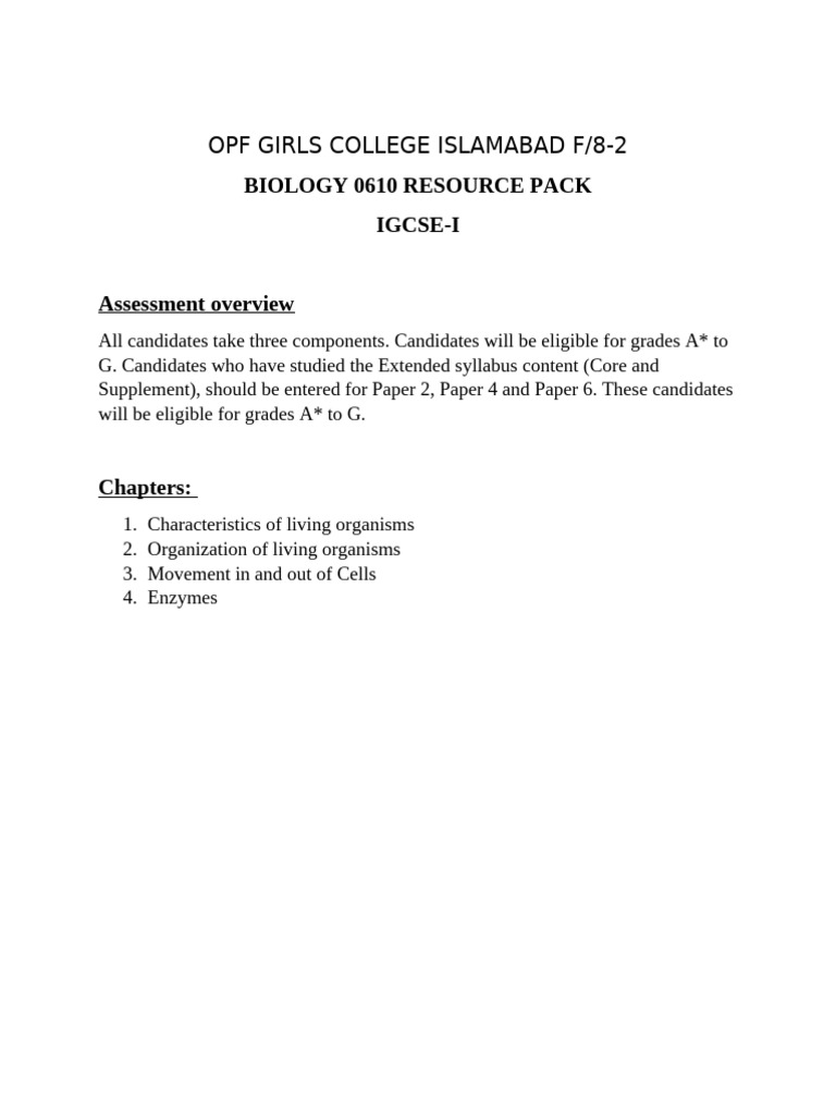 Biology 0610 Resource Pack For IGCSE-I | PDF | Osmosis | Enzyme