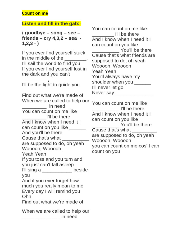 Count on Me: Friendship Lyrics Fill-in | PDF