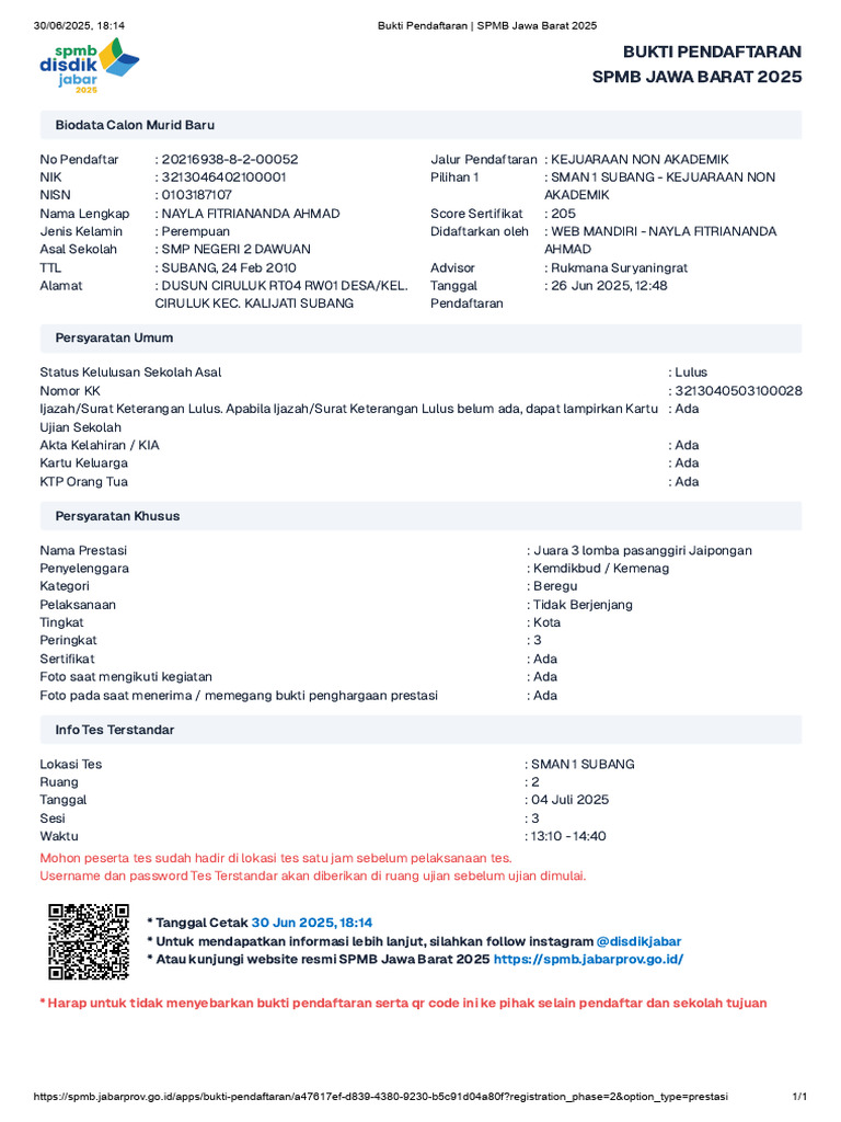 Bukti Pendaftaran - SPMB Jawa Barat 2025 Nayla New | PDF