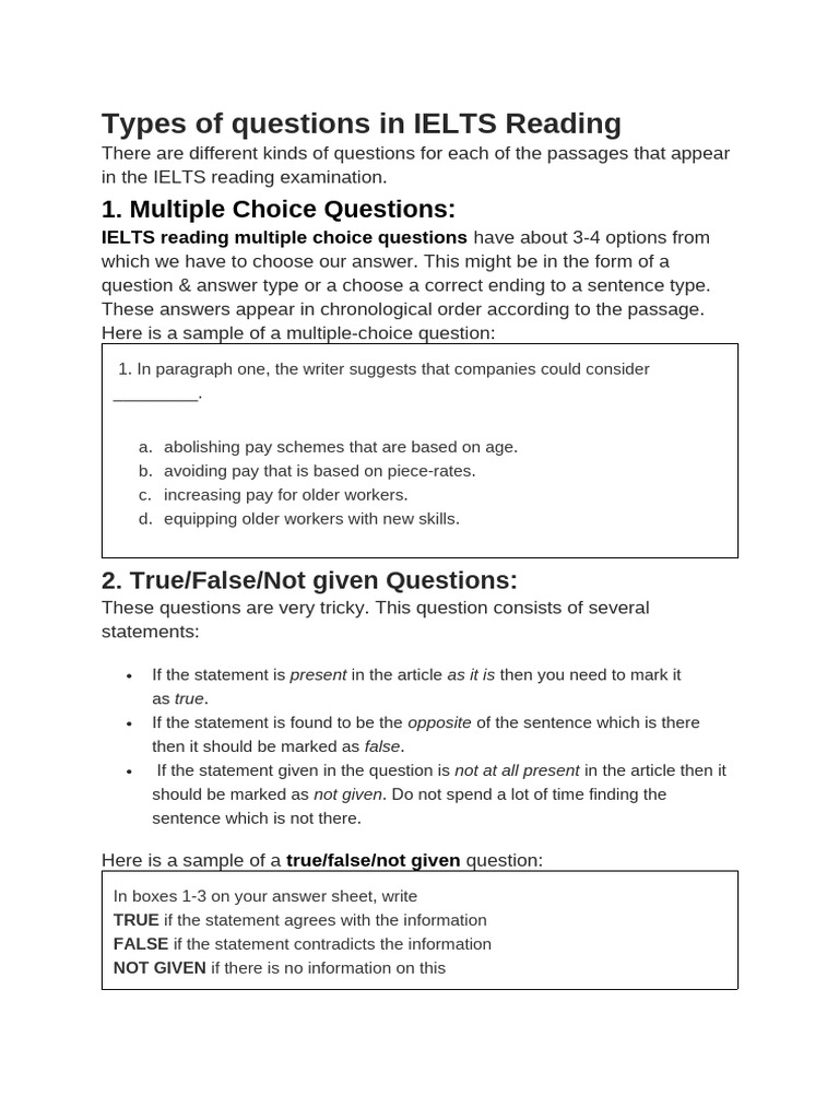 Types of Questions in IELTS Reading | PDF | Multiple Choice | Question