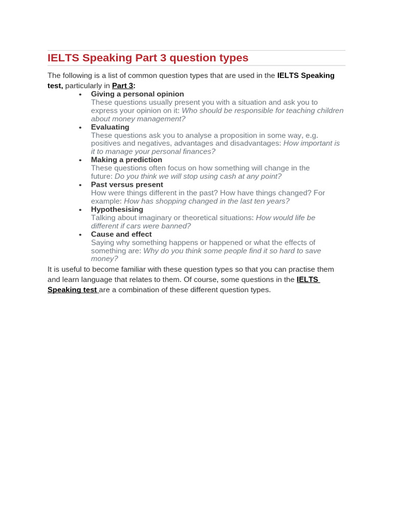 IELTS Speaking Part 3 Question Types | PDF