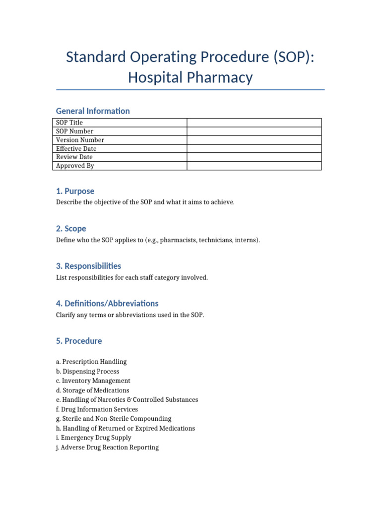 Hospital Pharmacy SOP Overview | PDF