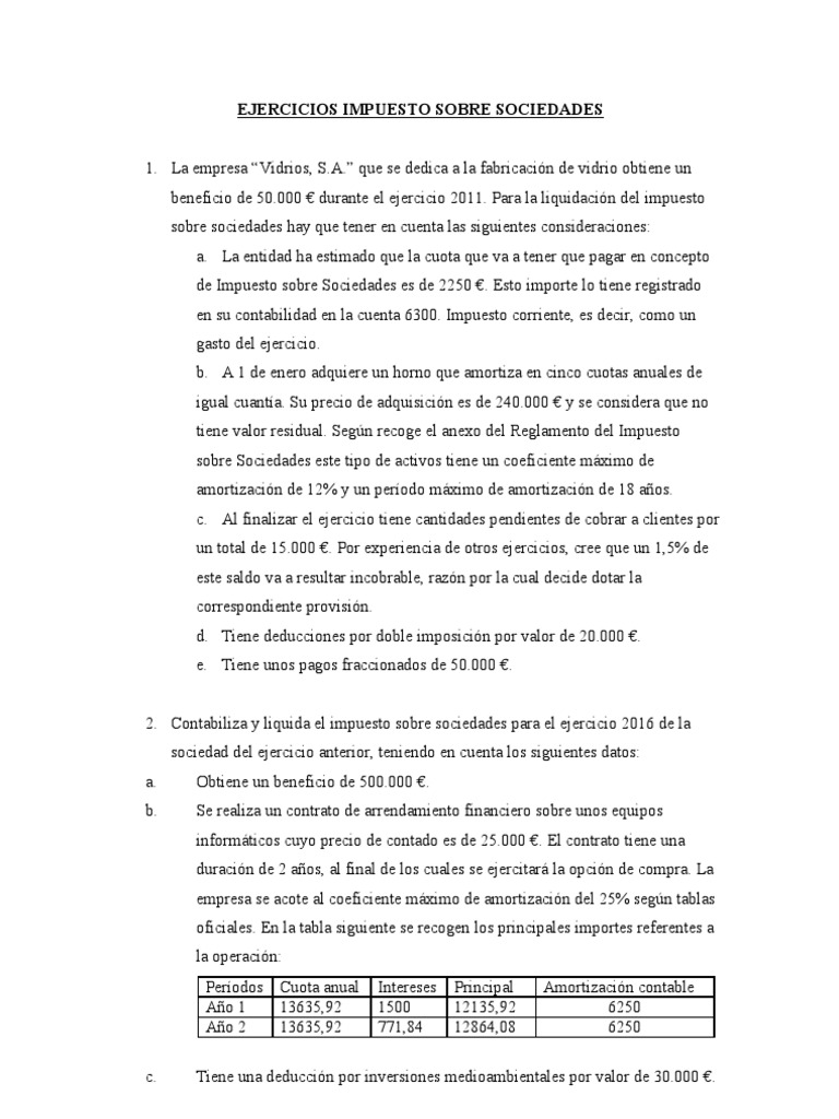 Ejercicios Impuesto Sobre Sociedades | PDF