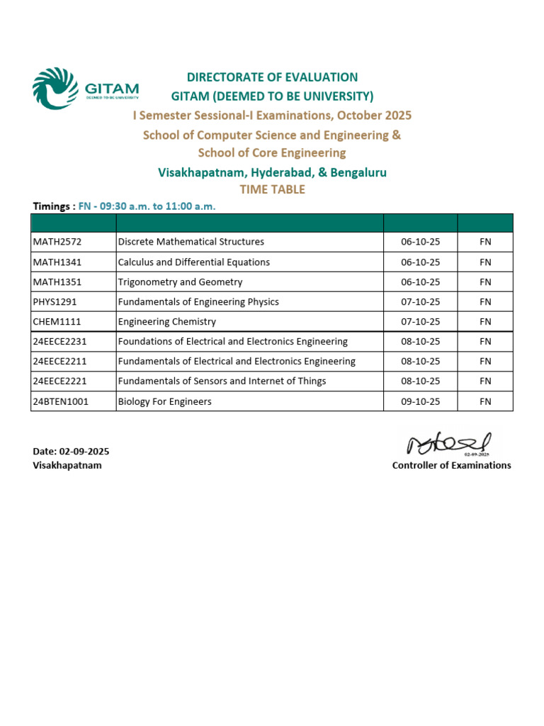 BTECH 1 SEM Sessional I Exam - Timetable Oct 2025 | PDF