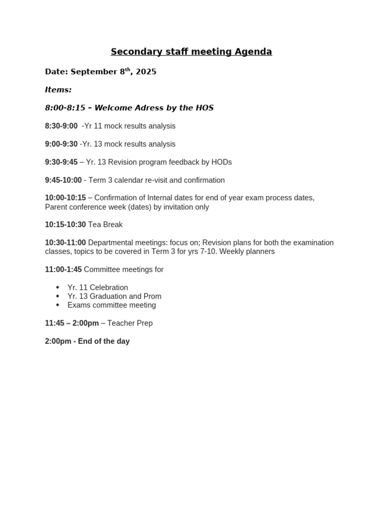 Secondary Staff Meeting Agenda | PDF