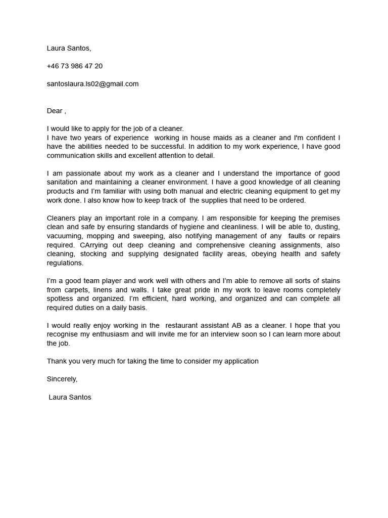 Cleaner Job Application by Laura Santos | PDF