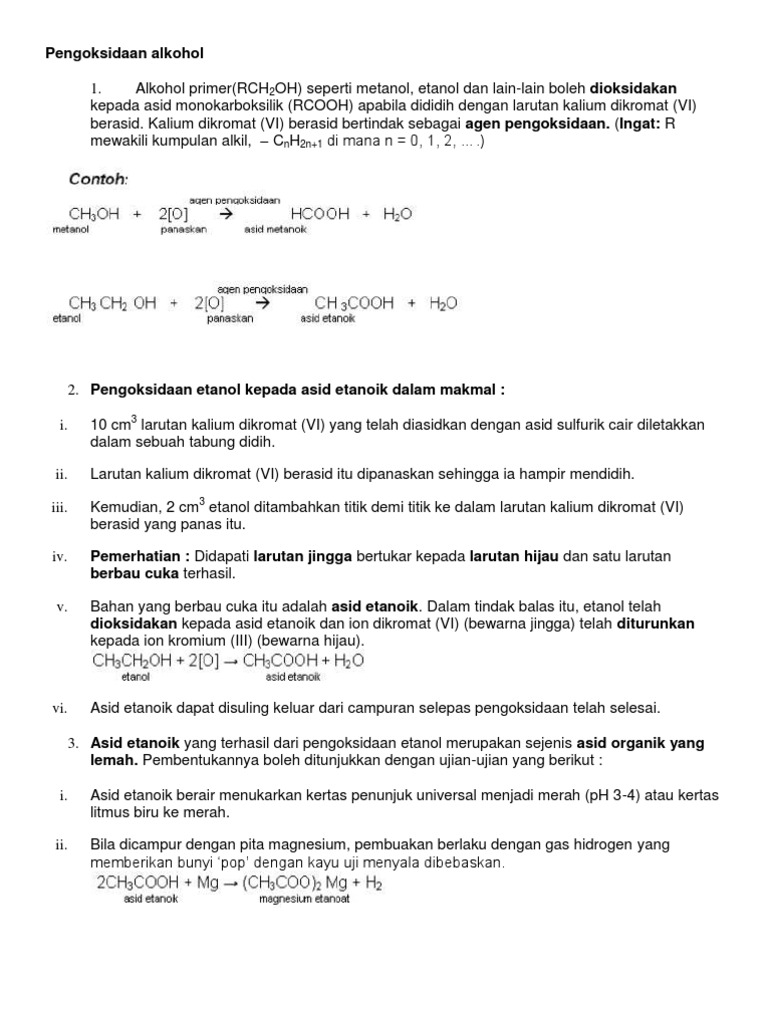 Pengoksidaan Etanol ke Asid Etanoik | PDF