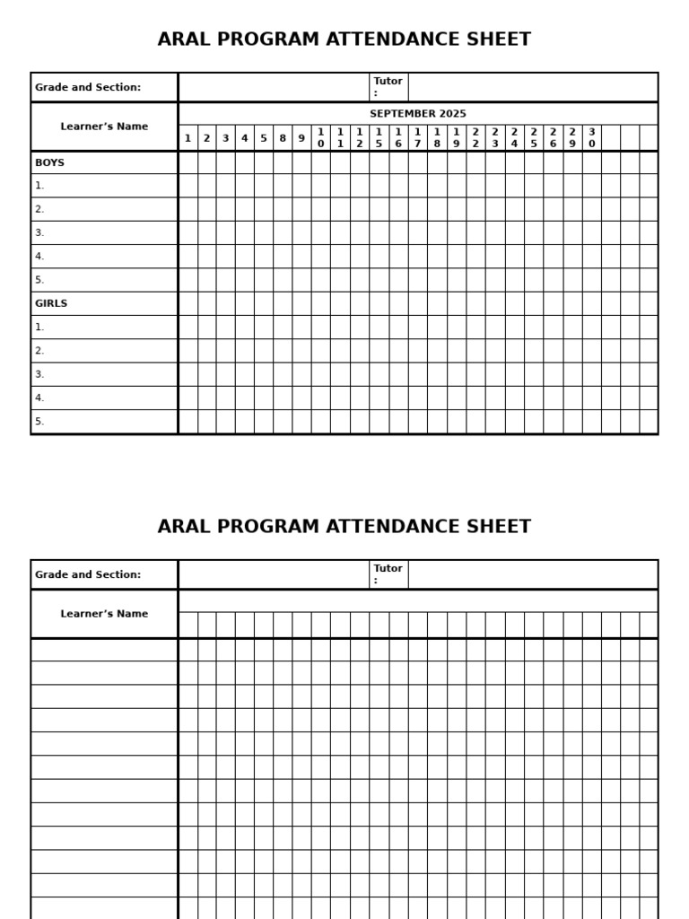 ARAL Program Attendance Sheet Template | PDF