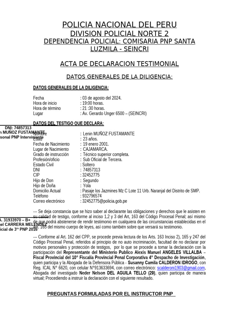 Declaracion Del Interviniente s3 PNP Lenin Muñoz Fustamante | PDF | Seguridad nacional ...