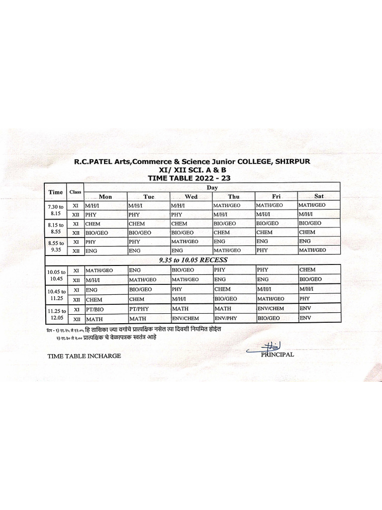 RCP Sci.a, B Div Time Table 2022-23 | PDF