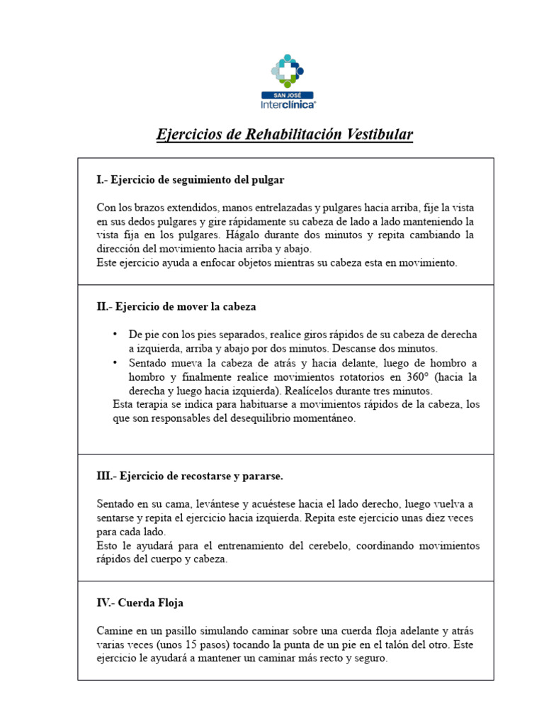 Ejercicios de Rehabilitación Vestibular | PDF