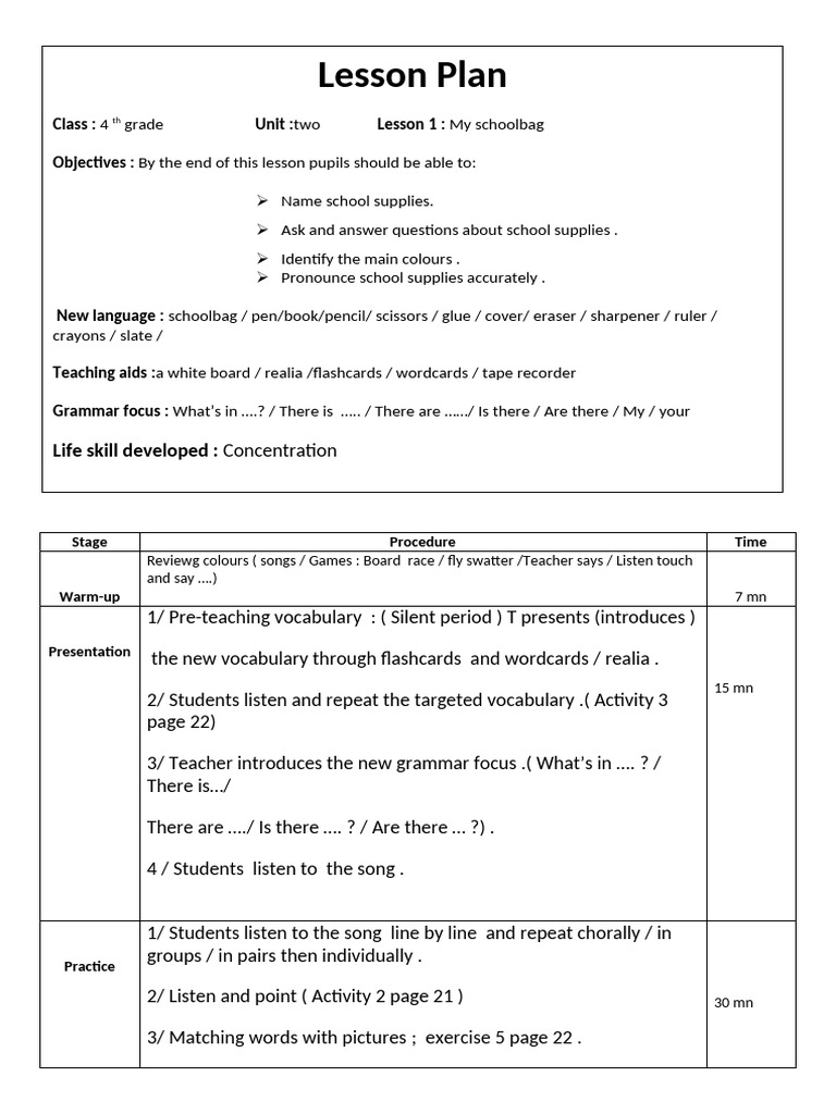 4th Grade Lesson Plan: School Supplies | PDF