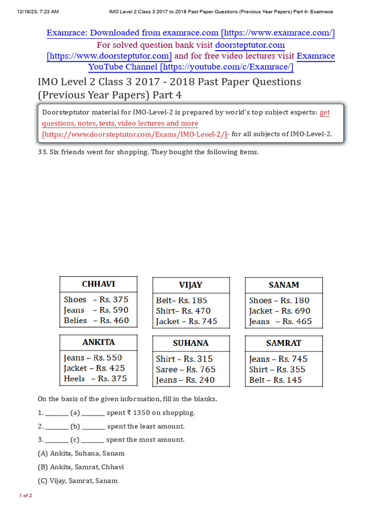 IMO Level 2 Class 3 2017 2018 Part 4 | PDF