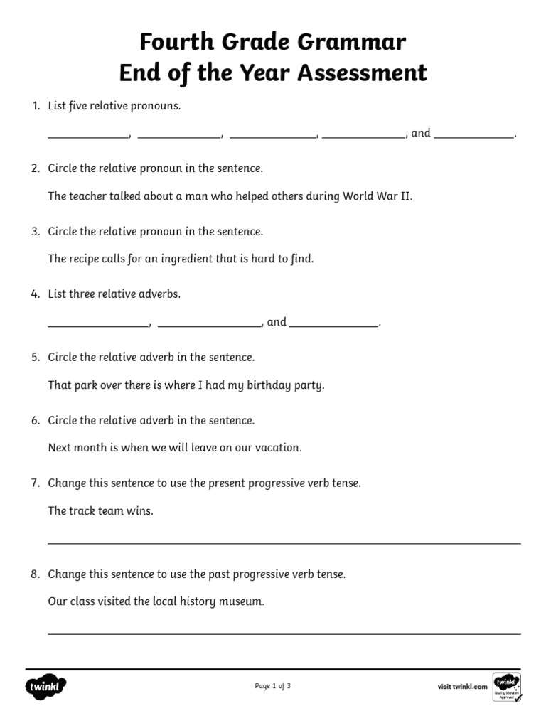 Fourth Grade Grammar Assessment | PDF | Verb | English Grammar