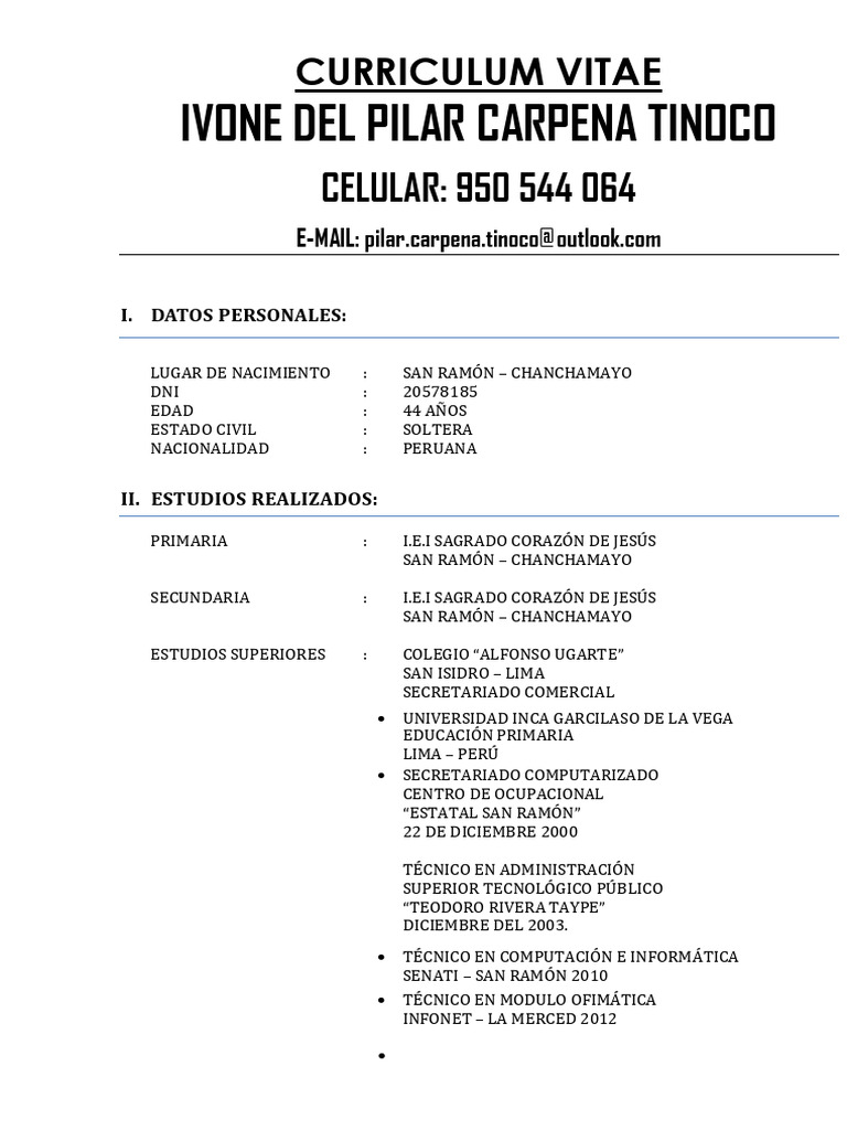 Cv-Ivone Del Pilar Carpena Tinoco | PDF | Maestros | Perú