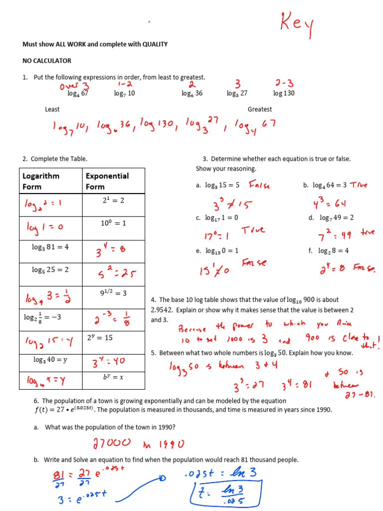 Algebra 2 Unit 4b Review Guide | PDF | Logarithm | Equations