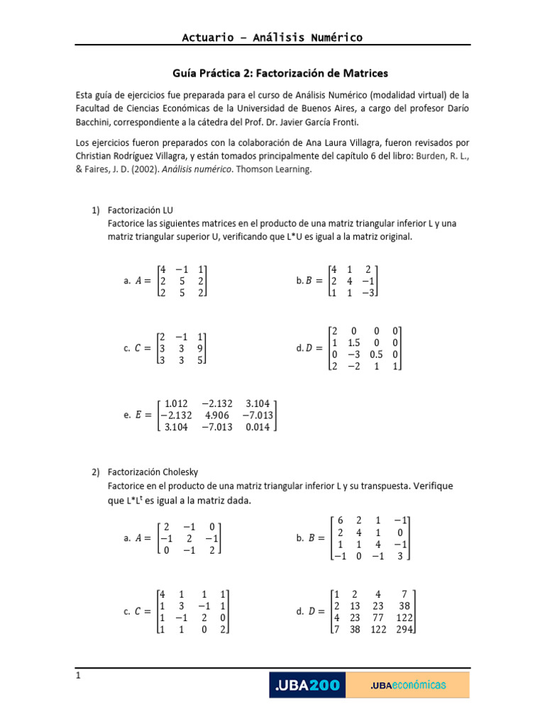Guía Práctica. Factorización de Matrices | PDF | Análisis numérico | Algoritmos