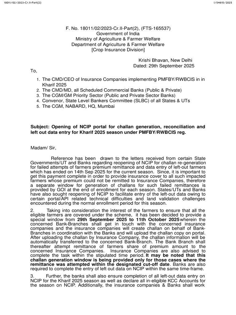 Letter To ICs & Banks Regarding Challan Generation & Data Entry Window For Kharif 25 - 2 | PDF