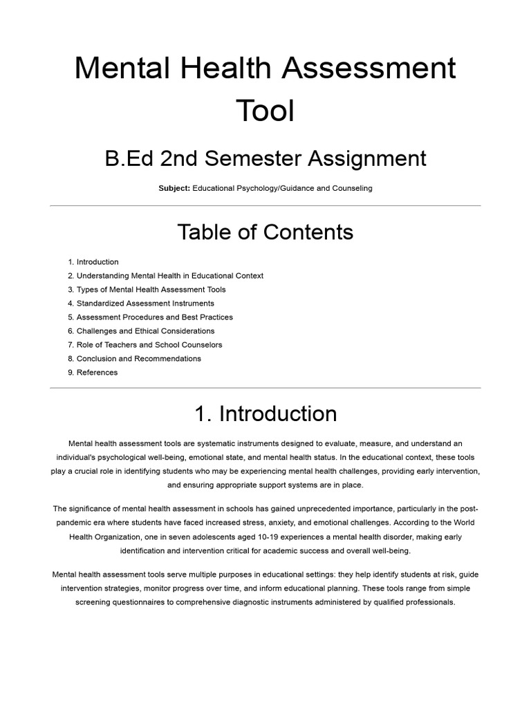 Mental Health Assessment Tool Assignment | PDF | Mental Health ...