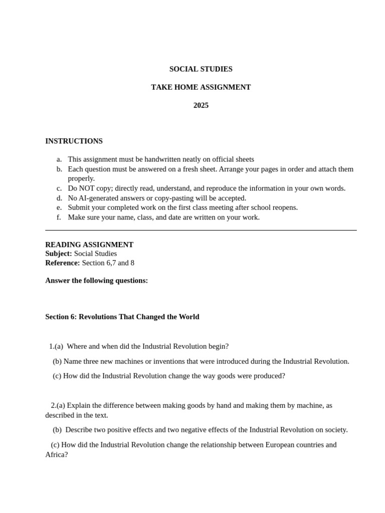 Social Studies Assignment 2025 | PDF