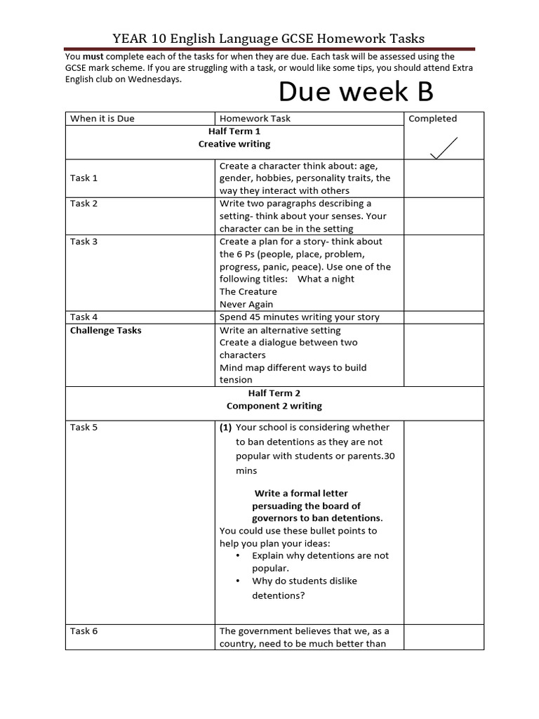 YEAR 10 English Language GCSE Homework Tasks-Task 1 Only | PDF ...