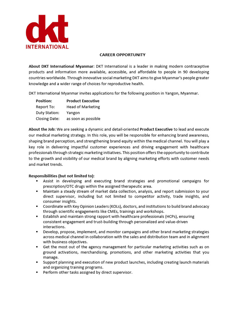 Product Executive Job at DKT Myanmar | PDF | Brand | Marketing Strategy