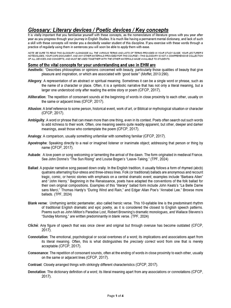 EHM - Glossary of Terms - Literary Devices | PDF | Poetry | Rhyme