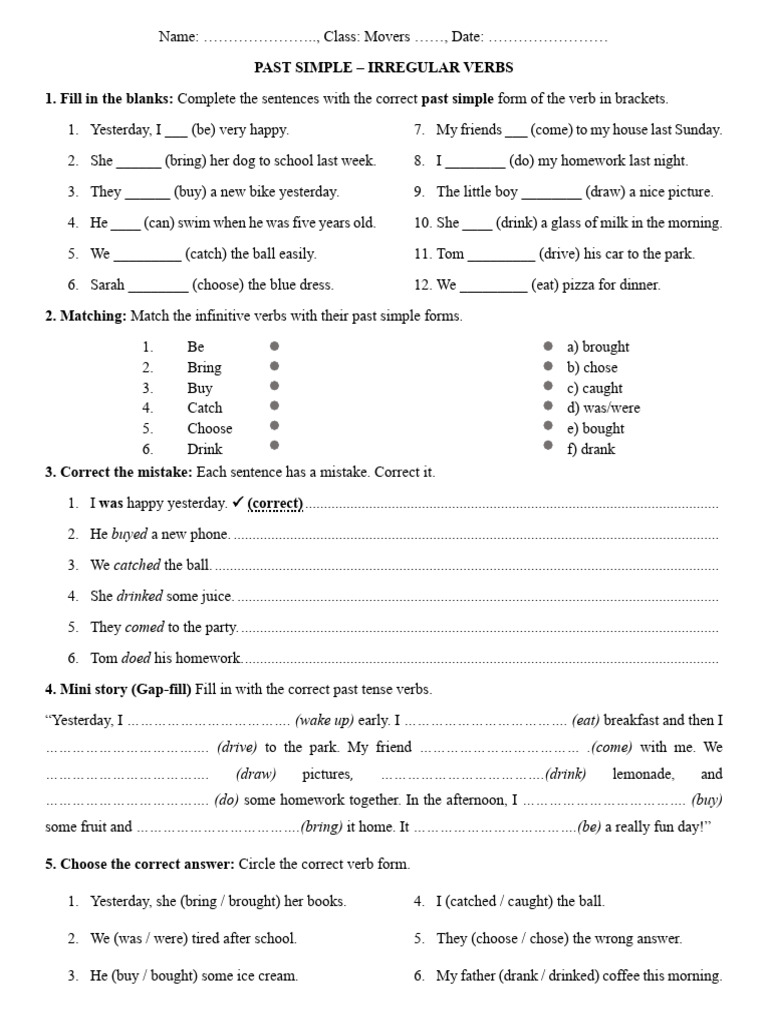 Past Simple 12 First Irregular Verb - Practice Exercises | PDF ...