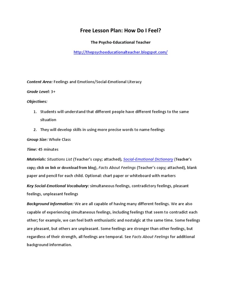Free Lesson Plan: How Do I Feel? | PDF | Emotions | Lesson Plan