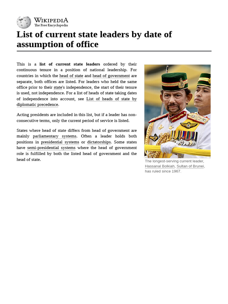 List of Current State Leaders by Date of Assumption of Office | PDF ...