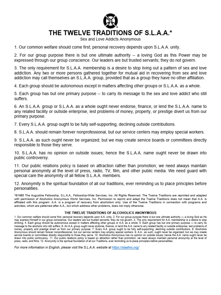The Twelve Traditions of SLAA | PDF | Alcoholics Anonymous