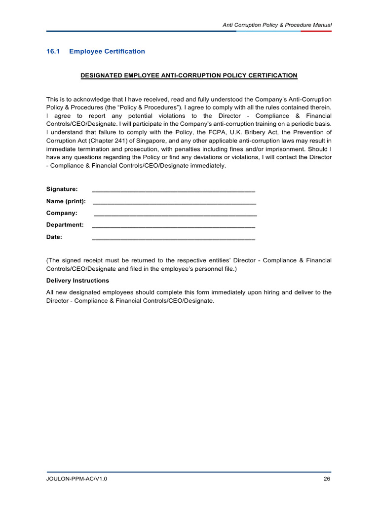 Employee Anti-Corruption Certification Form | PDF
