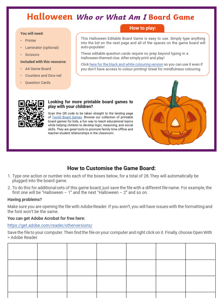 Halloween Editable Board Game Template | PDF