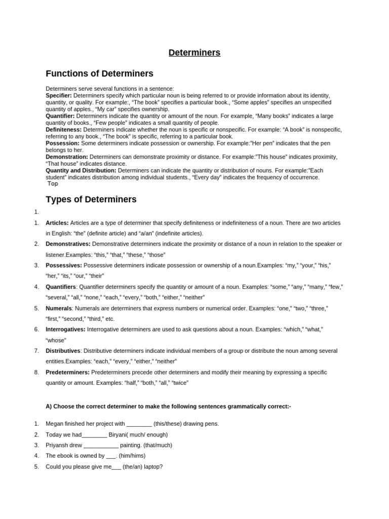 Worksheet of Determiners Class 10 | PDF | Quantity | Morphology