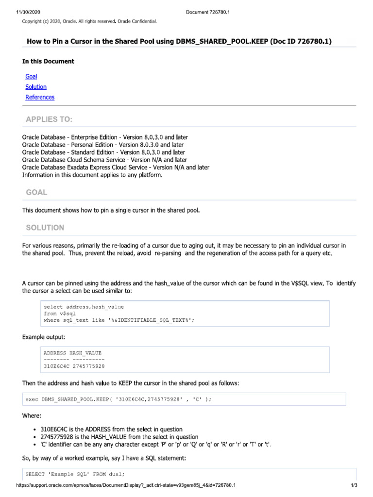 How To Pin A Cursor in The Shared Pool Using DBMS - SHARED - POOL - Keep (Doc ID 726780.1) | PDF