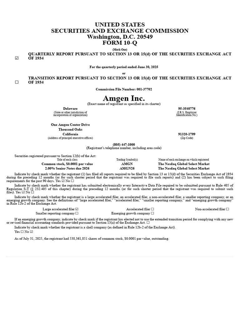AMGN (Amgen Inc.) General Form For Quarterly Reports Under Section 13 ...